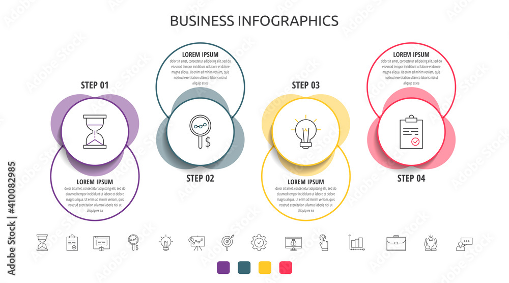 Vector infographics circles with 4 steps, labels. Line chart. Timeline used for diagram, web ...