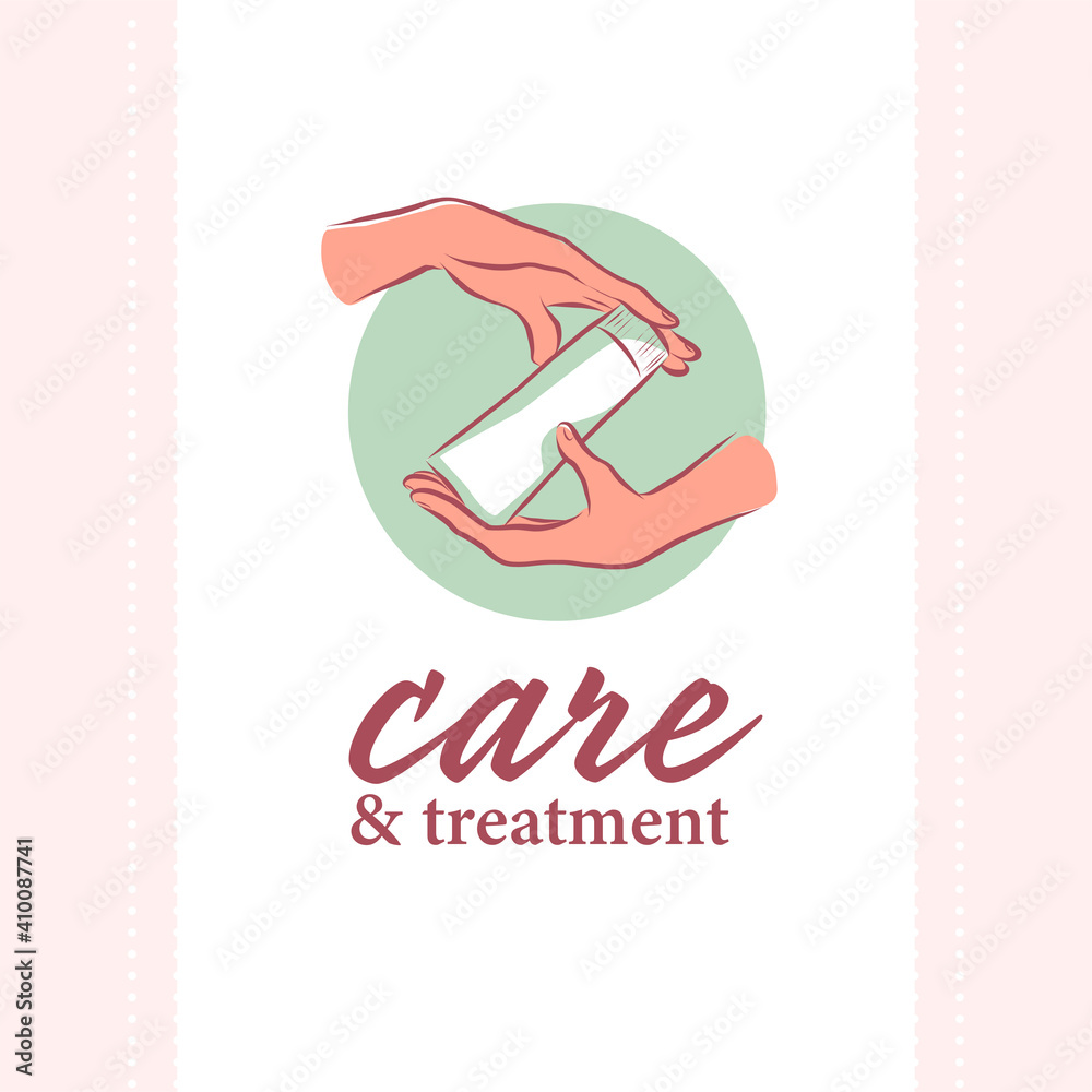 Hand cream emblem with human hands icon hold tube of moisturizer ...