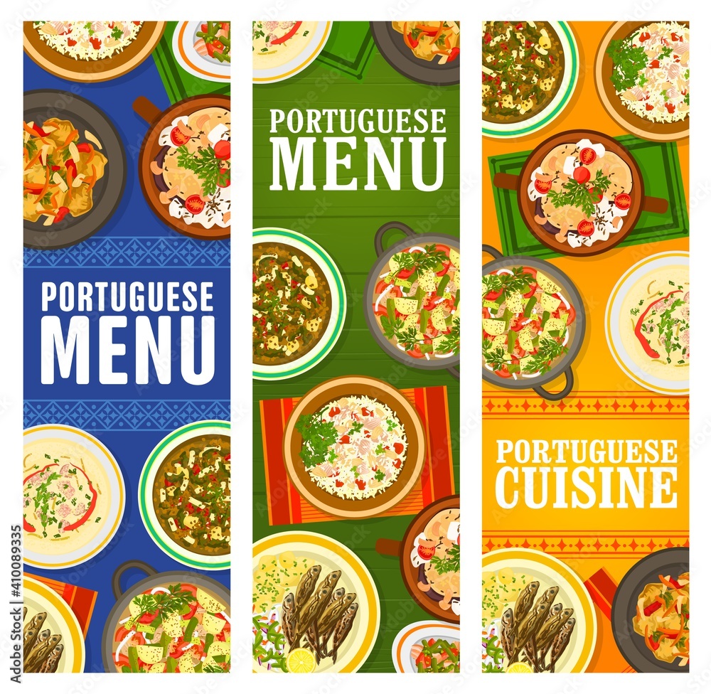 Portuguese cuisine restaurant menu dishes banners. Pork tenderloin ...