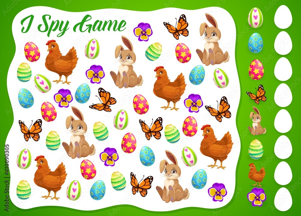 I spy Easter kids game or puzzle vector template. Children education ...