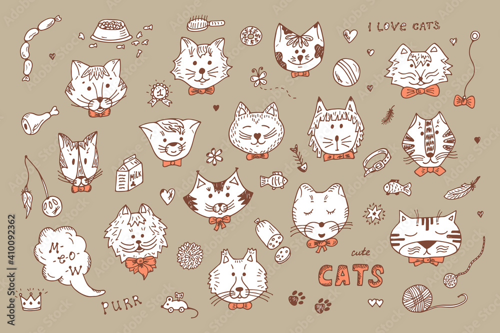 Cats Vector Set. Cats faces icons. Hand Drawn Doodles Cats and ...