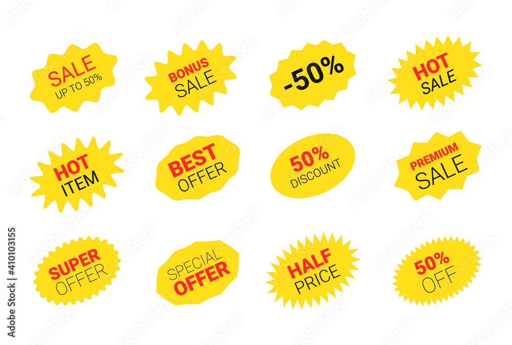 Starburst sticker set for promo sale. Vector badge shape with signs ...