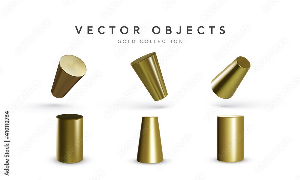 Set of 3d gold geometric shapes isolated on white background. Realistic ...
