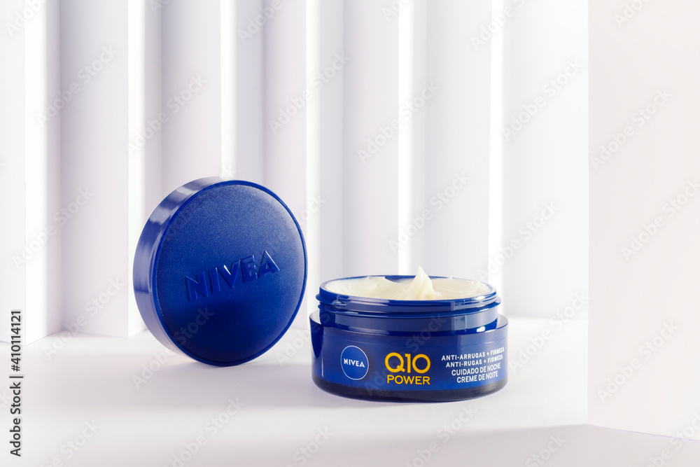 Bottle of anti-wrinkle cream with Q10 from the Nivea brand with the ...