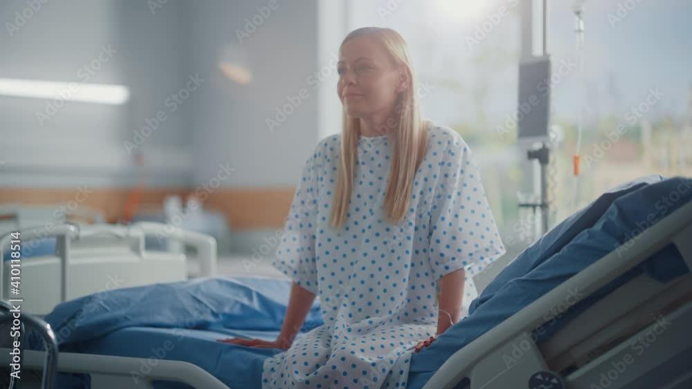 Modern Hospital Ward: Beautiful Caucasian Female Patient Resting on a ...