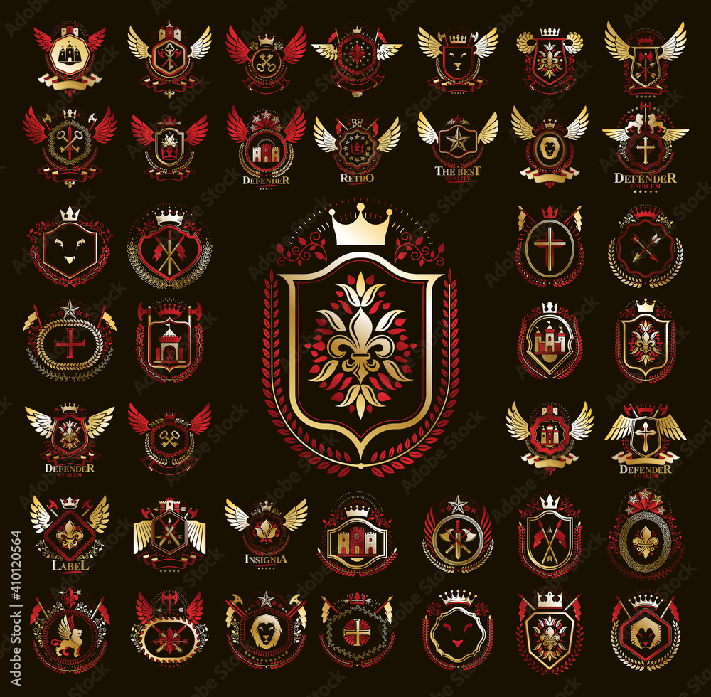 Vintage heraldic emblems vector big set, antique heraldry symbolic ...