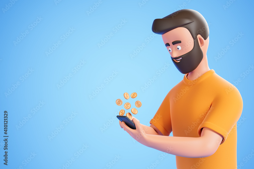 Cartoon beard character man use smartphone with dollar coins fly from ...