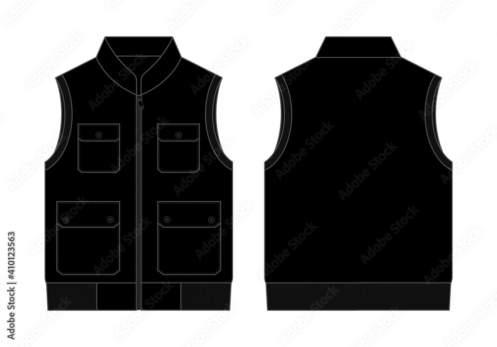 Black Vest With Multiple Pockets Template on White Background. Front ...