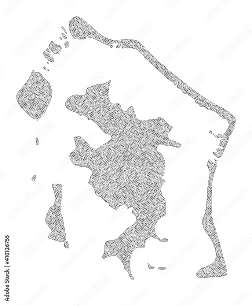Polygonal mesh map of Bora-Bora in high resolution. Mesh lines, triangles and points form map of ...