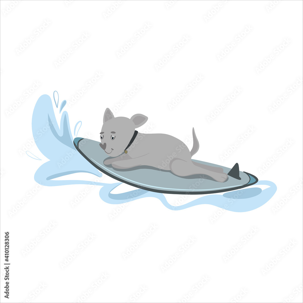 Cartoon dog on a surfboard floating in the ocean. Doodle vector ...