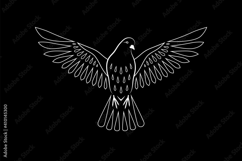Engraving of stylized dove on black background. Decorative bird. Linear ...