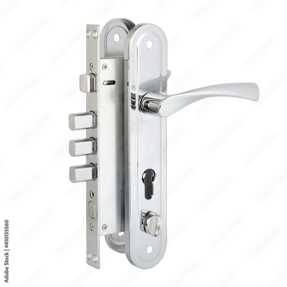 Chrome-plated steel set of a mortise lock with three semicircular bolts ...