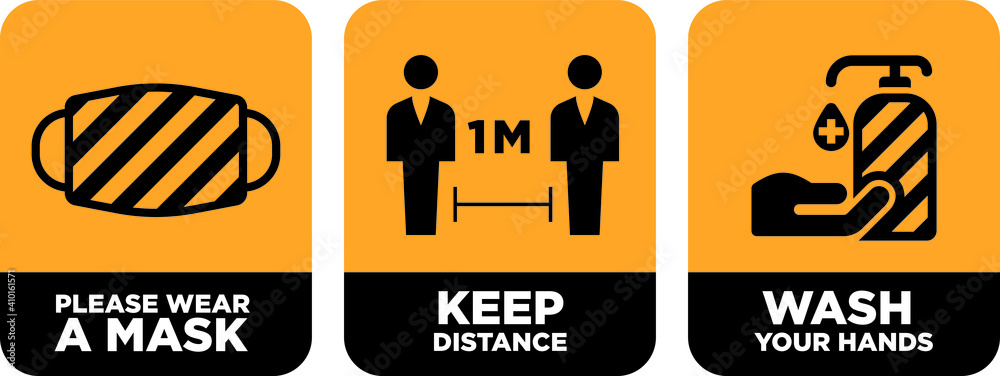 wear mask, keep distance, wash hand signage Stock Vector | Adobe Stock