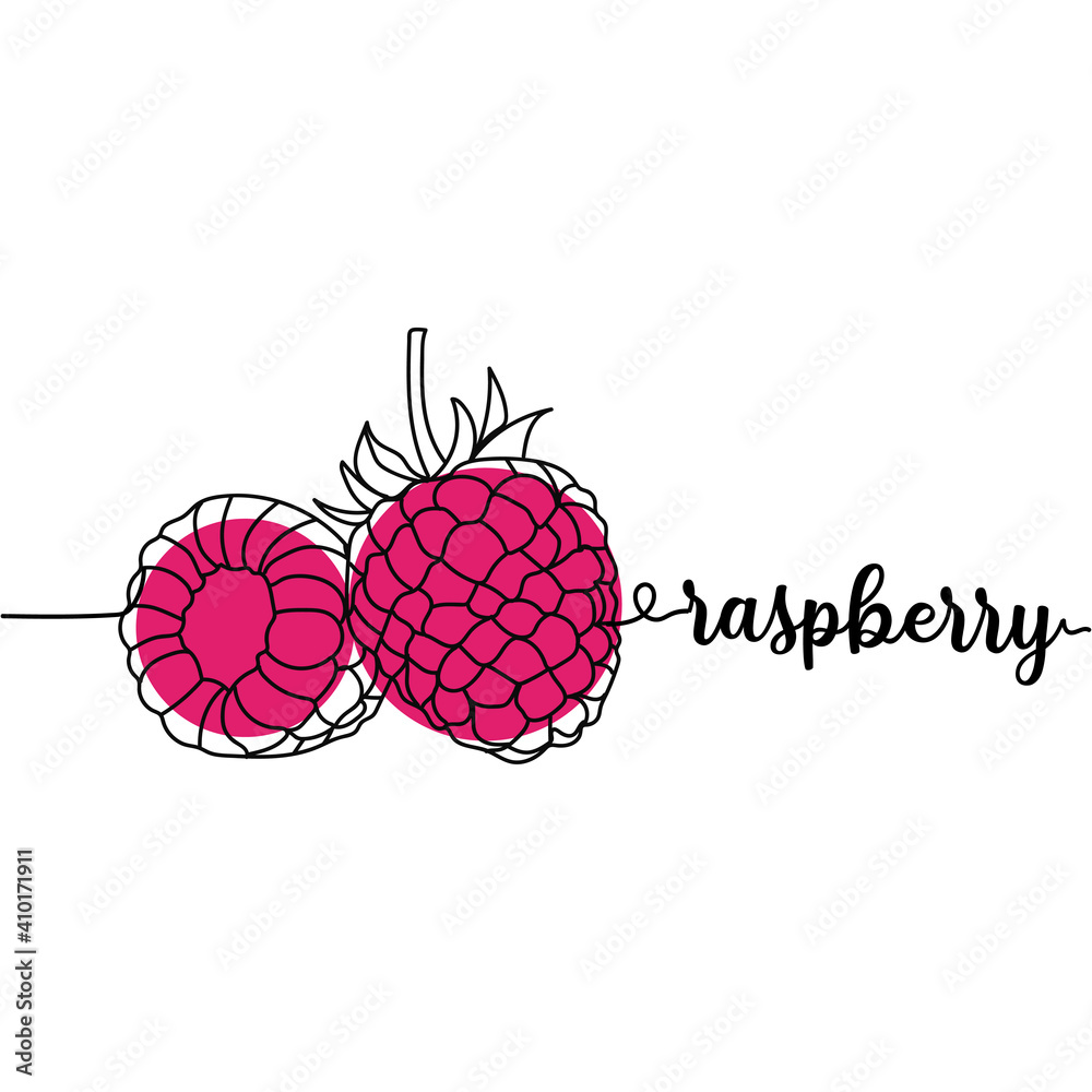 Continuous one line drawing silhouette and lettering of a raspberry ...