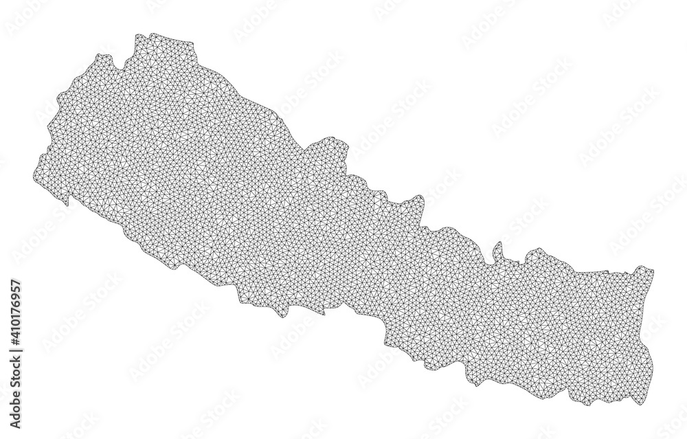 Polygonal mesh map of Nepal in high detail resolution. Mesh lines ...