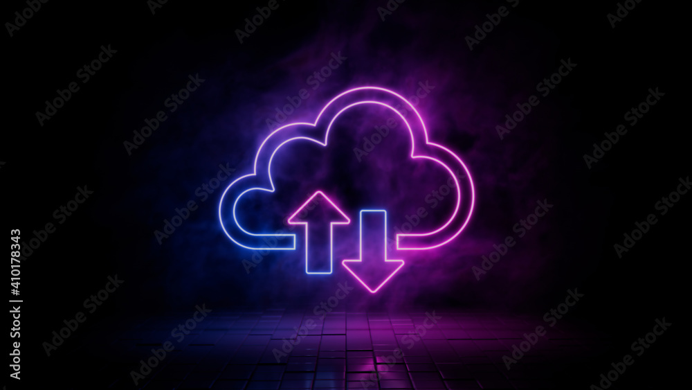 Pink and blue neon light cloud icon. Vibrant colored data storage ...