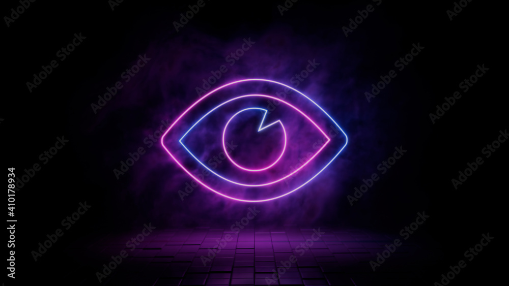 Pink and blue neon light eye icon. Vibrant colored visibility ...