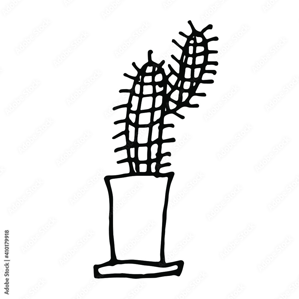 House plant cactus hand-drawn in doodle style. Stylized vector black ...