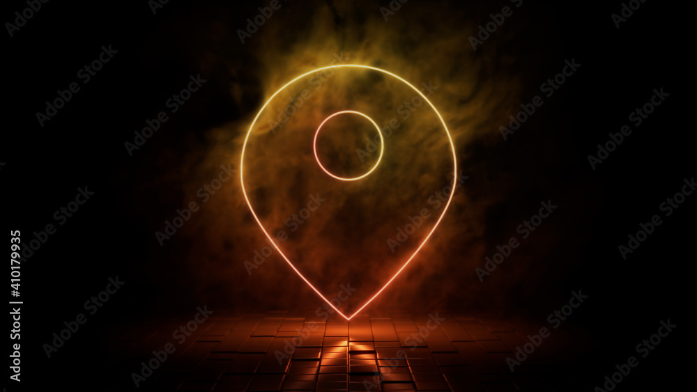 Orange and yellow neon light map pin icon. Vibrant colored technology ...