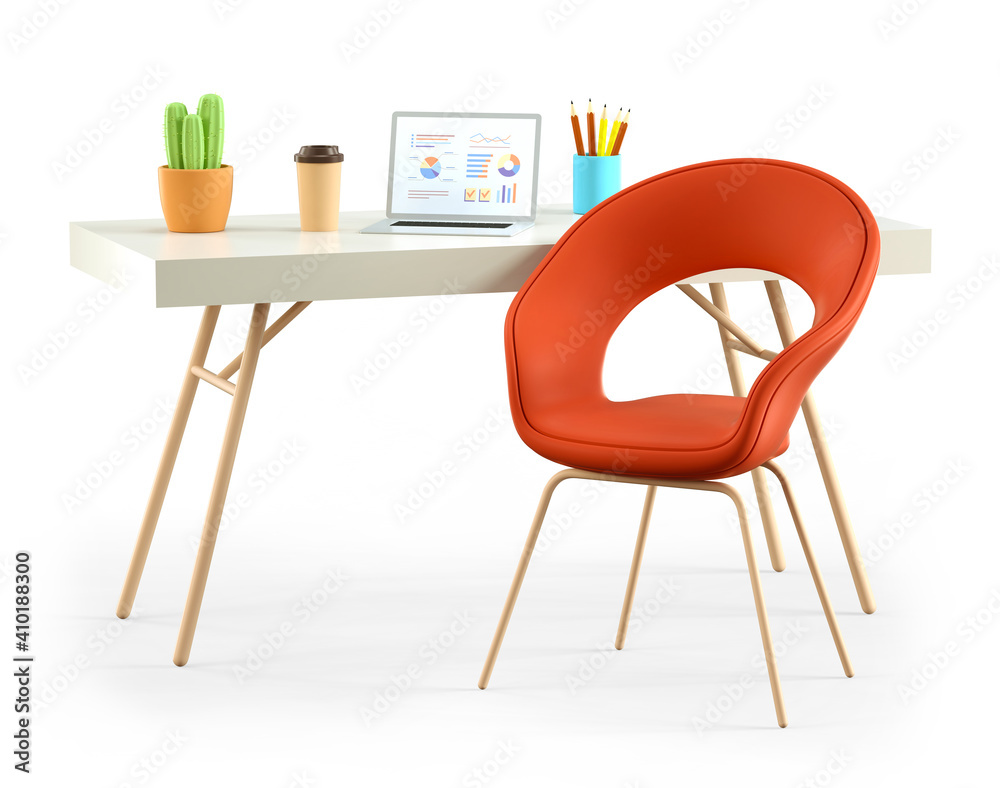 3D illustration of cartoon empty office workplace. Open laptop, modern ...