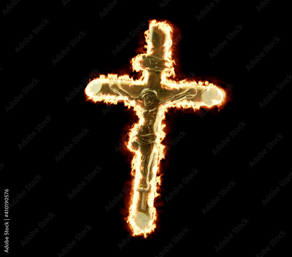 A statue of Jesus Christ on the cross, isolated on a black background ...