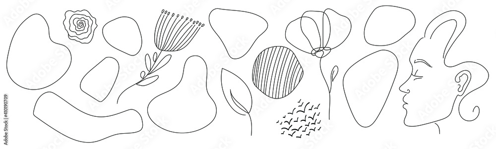 Abstract handrawn linear shapes with flowers and leaves. Vector simple ...