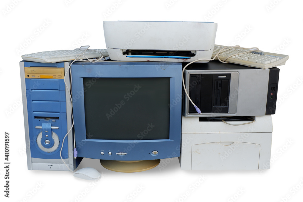 Pile of old computer hardware, Electronic waste isolated on white ...