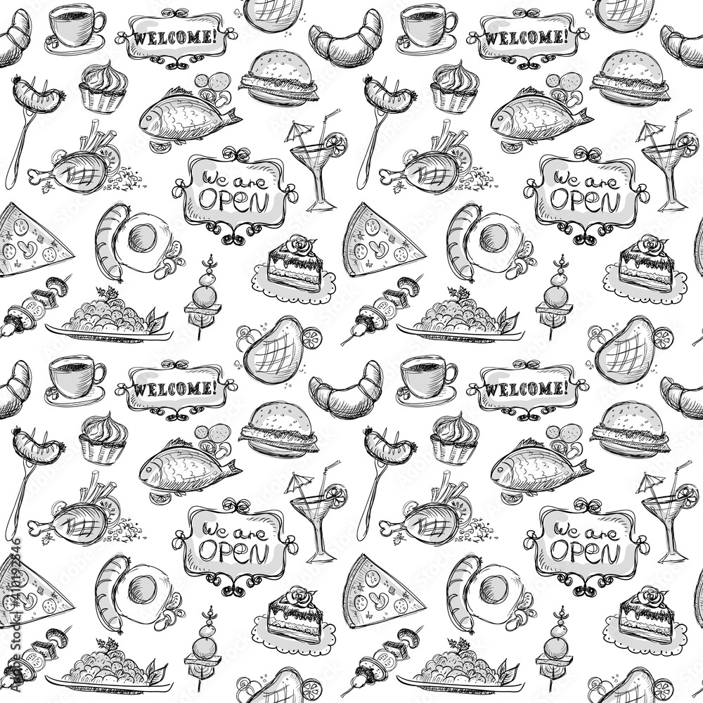 Breakfast food seamless pattern, black and white hand drawn sketch food ...