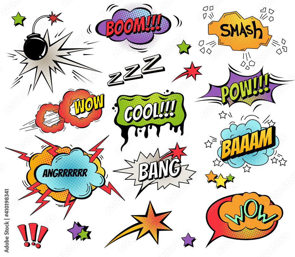 Comic speech bubbles and splashes set with different emotions and text ...