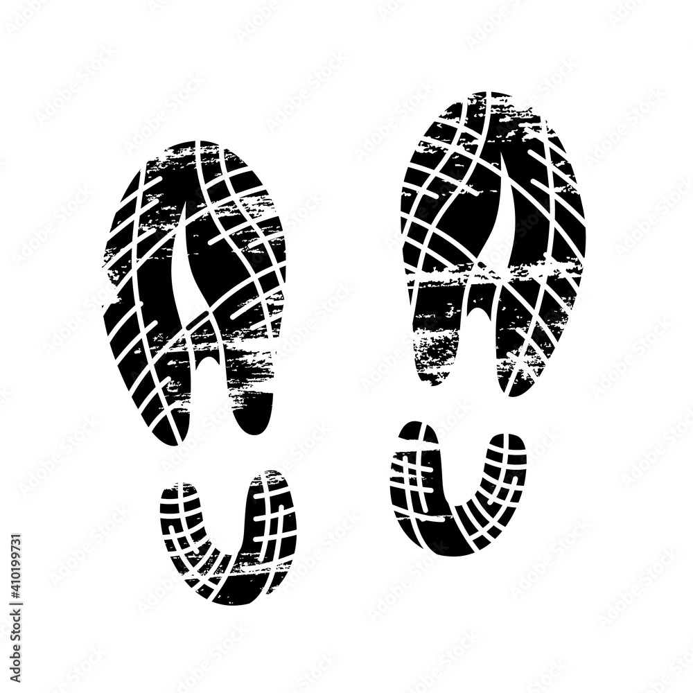Footprints and shoeprints icon in black and white showing bare feet and ...