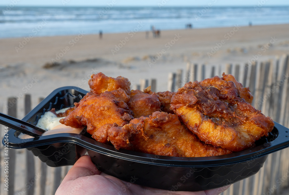 Dutch street seafood, deep fried cod fish fillet with garlic sauce ...