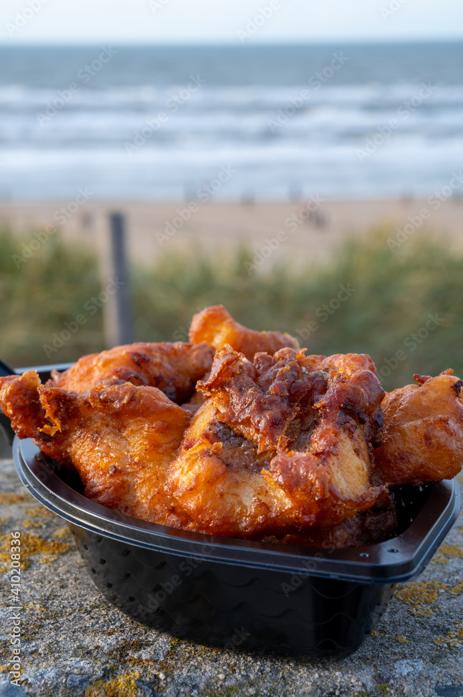 Dutch street seafood, deep fried cod fish fillet with garlic sauce ...