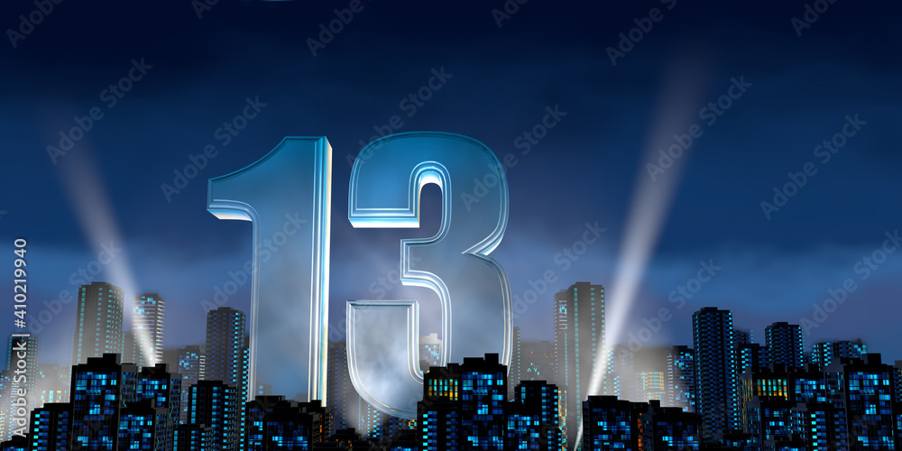 Number 13 in thick blue font lit from below with floodlights floating ...