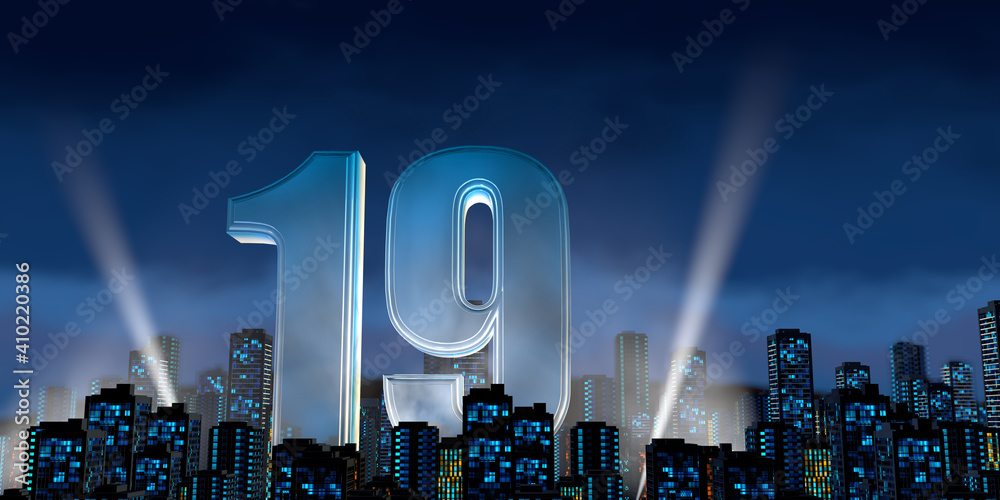 Number 19 in thick blue font lit from below with floodlights floating ...