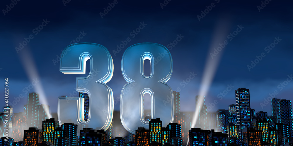 Number 38 in thick blue font lit from below with floodlights floating ...
