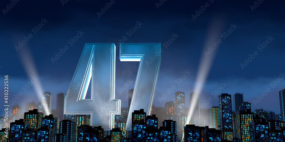 Number 47 in thick blue font lit from below with floodlights floating ...
