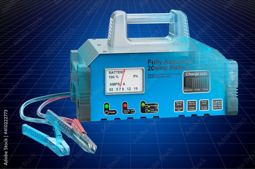 Visualization 3d cad model of battery charger, blueprint. 3D rendering ...
