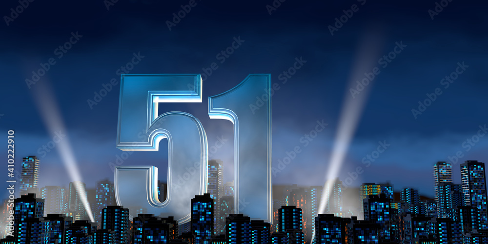 Number 51 in thick blue font lit from below with floodlights floating ...