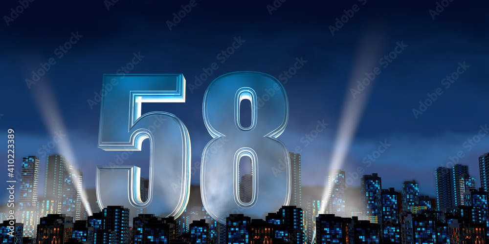 Number 58 in thick blue font lit from below with floodlights floating ...