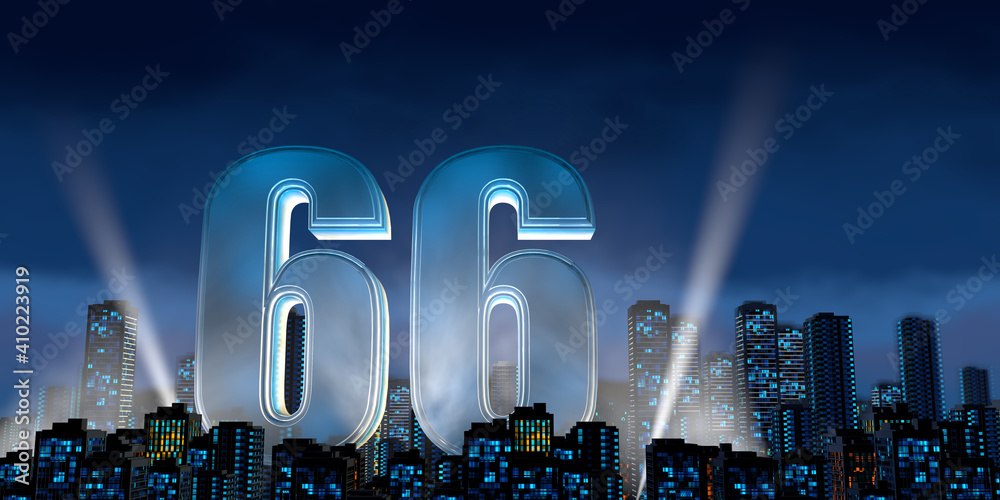 Number 66 in thick blue font lit from below with floodlights floating ...