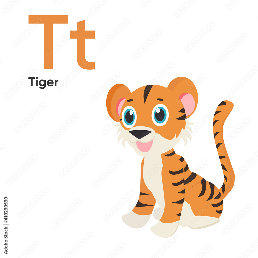 Cute Animal Alphabet Series A-Z. Vector ABC. Letter Tt. Tiger. Cartoon ...