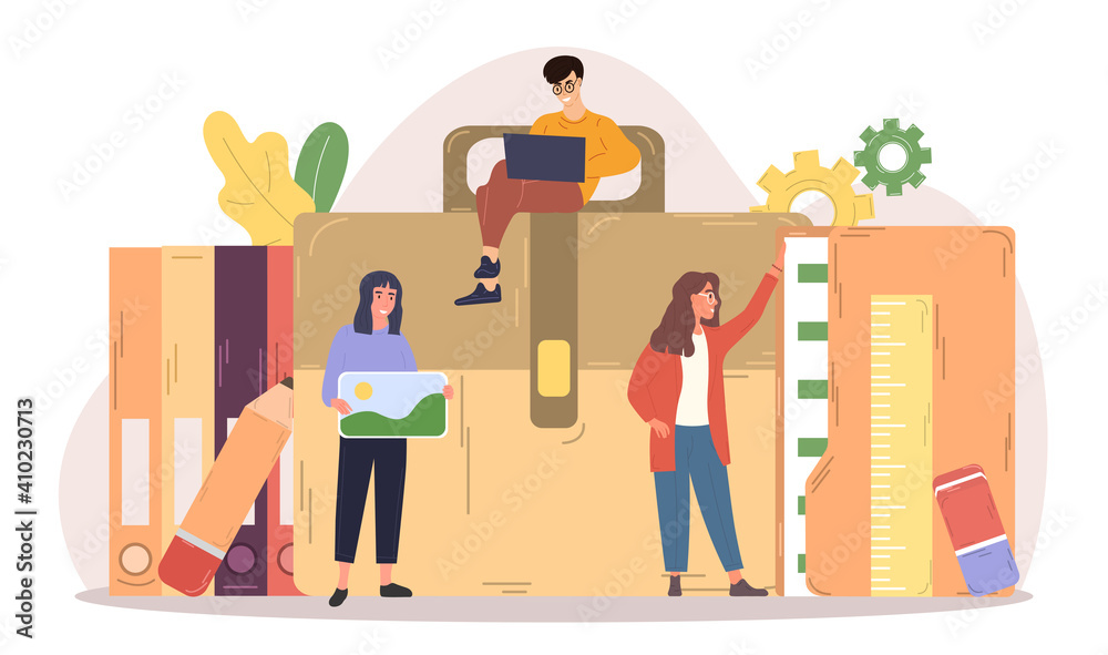 Male and female characters are showing their portfolio. Fancy students ...