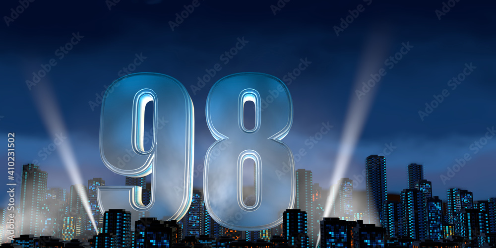 Number 98 in thick blue font lit from below with floodlights floating ...