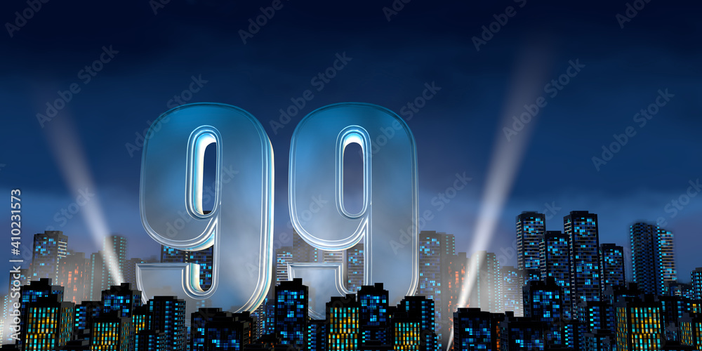 Number 99 in thick blue font lit from below with floodlights floating ...