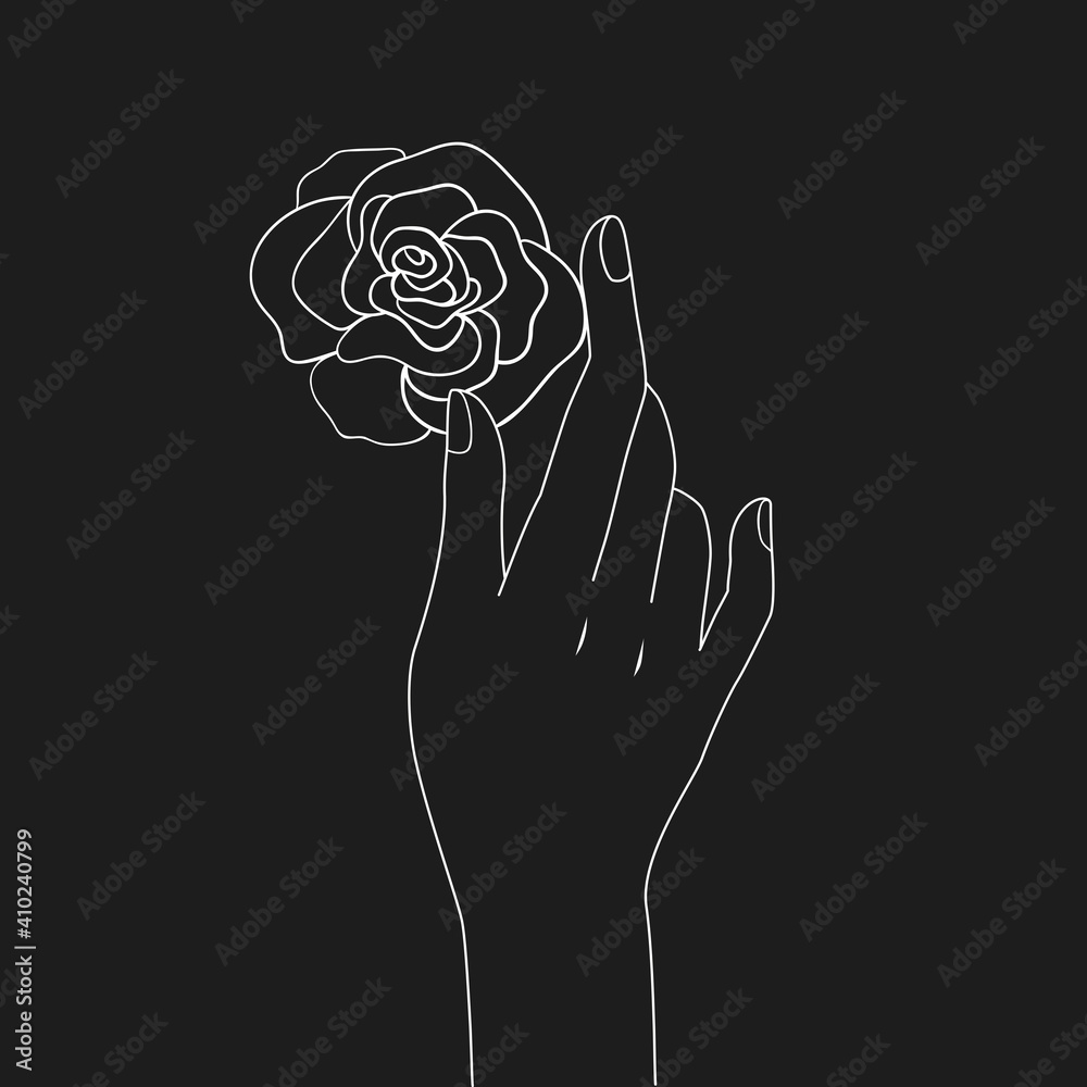 Female hand with rose in minimal linear style. Modern single line art ...