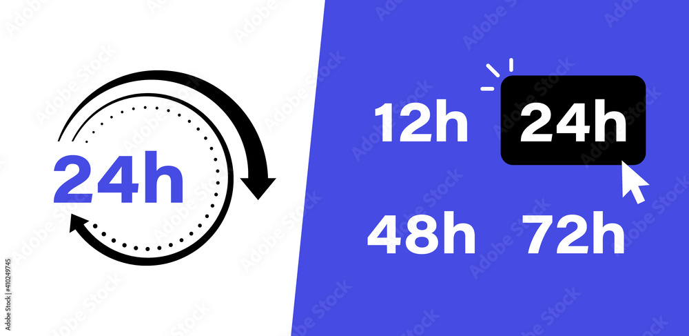 Collection 12, 24, 48 and 72 hours clock arrow vector icons. Design for ...