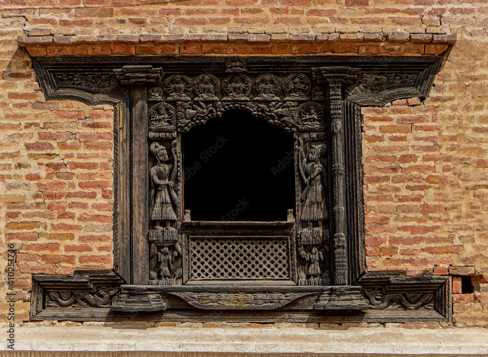 Nepal, Bhaktapur, carved wooden window in the Durbar Square Stock Photo ...