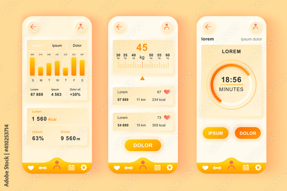Fitness workout unique neomorphic design kit. Personal trainer app with ...