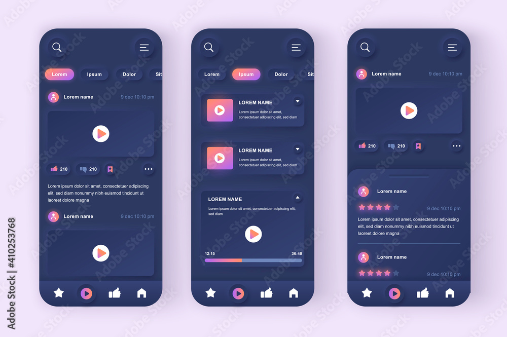 Video Tube unique neomorphic design kit. Video content streaming ...