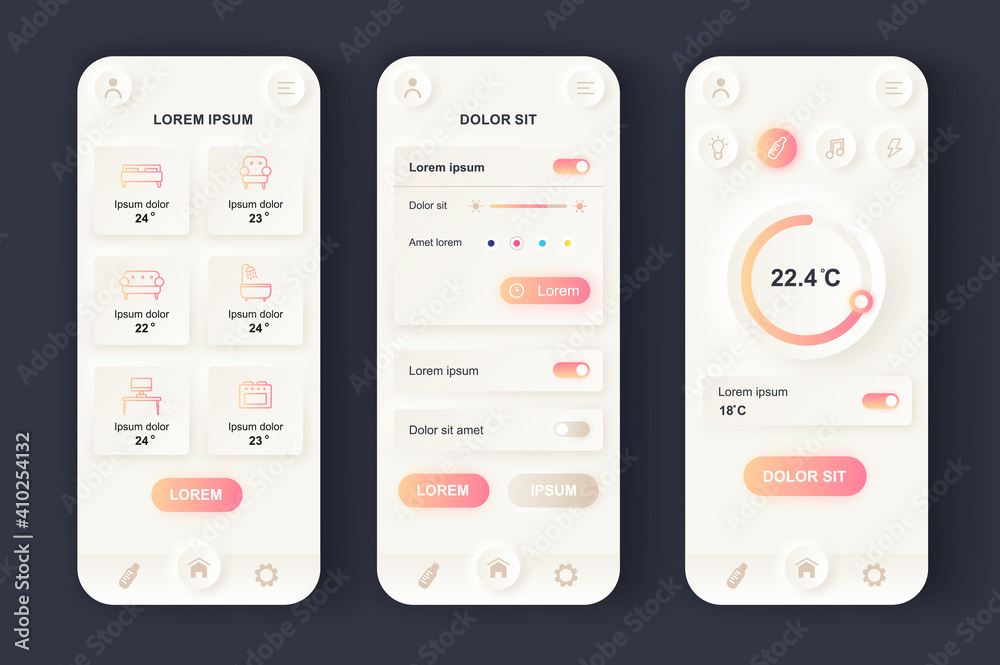 Smart Home unique neomorphic design kit. Online remote home control ...